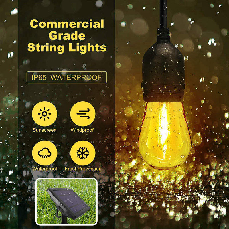 Arlmont & Co. Keirstan 48FT Solar Powered Outdoor String Lights with 15 Shatterproof S14 Bulbs ...